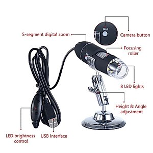 Lab Microscope Slides 1600X USB Digital Microscope Camera 8LED Magnifier with Metal Stand Microscope Parts