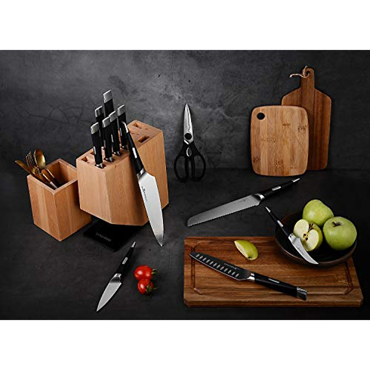 Linoroso Knife Set, 13-Piece Kitchen Knife Set with Block Sharp Chef Knife Set, German High Carbon Stainless Steel Knife Block Set with Beech Block with Black Oxide Stainless Steel Base