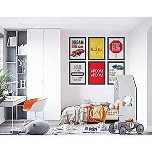 Dream Big Little Racer - Art Print Design Wall Room Home Bedroom Nursery Decor Wheel Set - Bright Race Hot Car (Set of Six) Poster Sign Picture