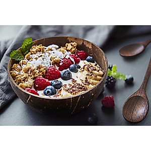 Coconut Bowls and Coconut Spoons Gift Set (Set of 4 Coconut Bowls + 4 Wooden Spoons) - 100% Natural - Vegan - Hand Made - Eco Friendly - Made from Reclaimed Coconut Shells - Bowls For Eating