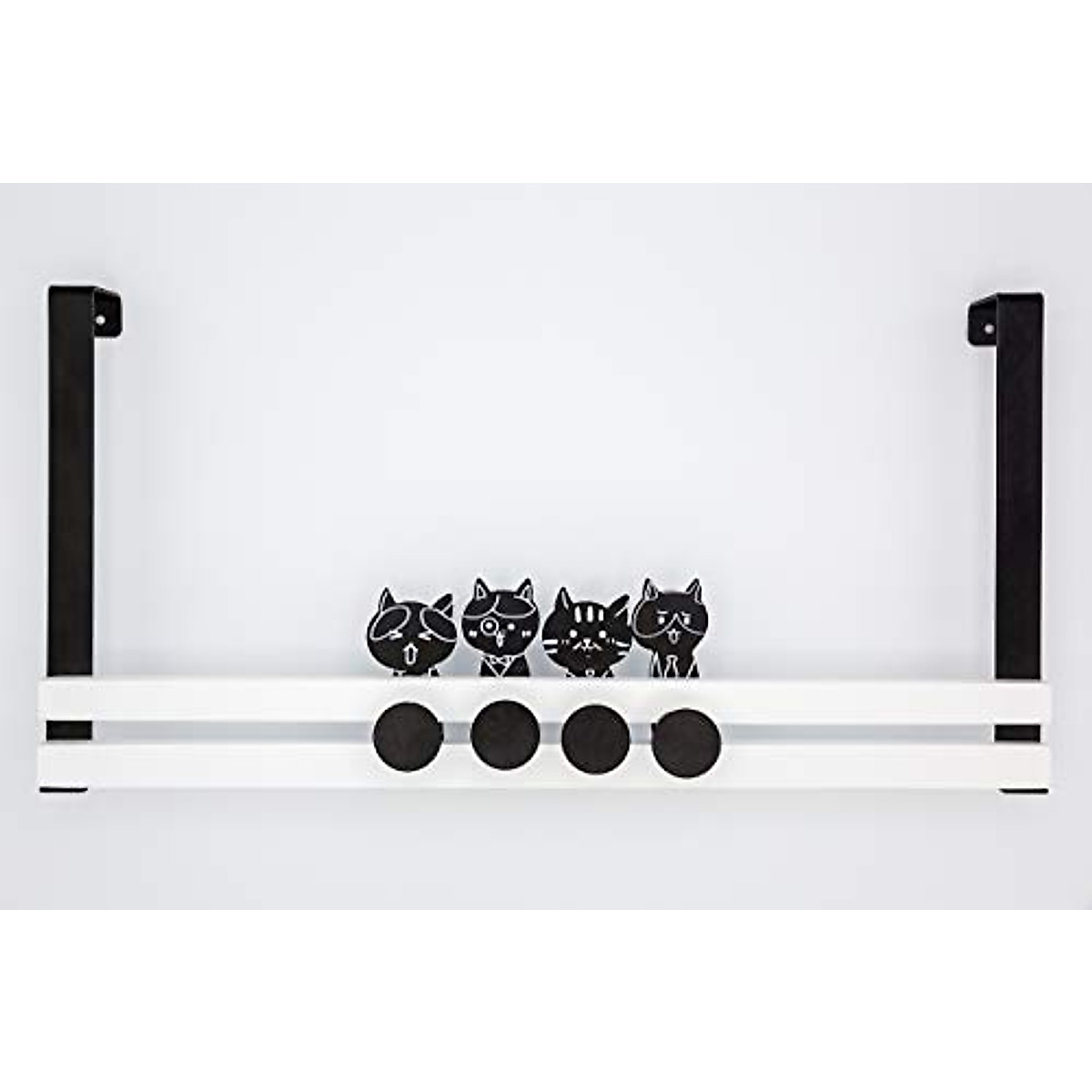 Creathome Over The Door Rail with 4 Peg Hooks, Lovely Cat Pattern, Black and White Style