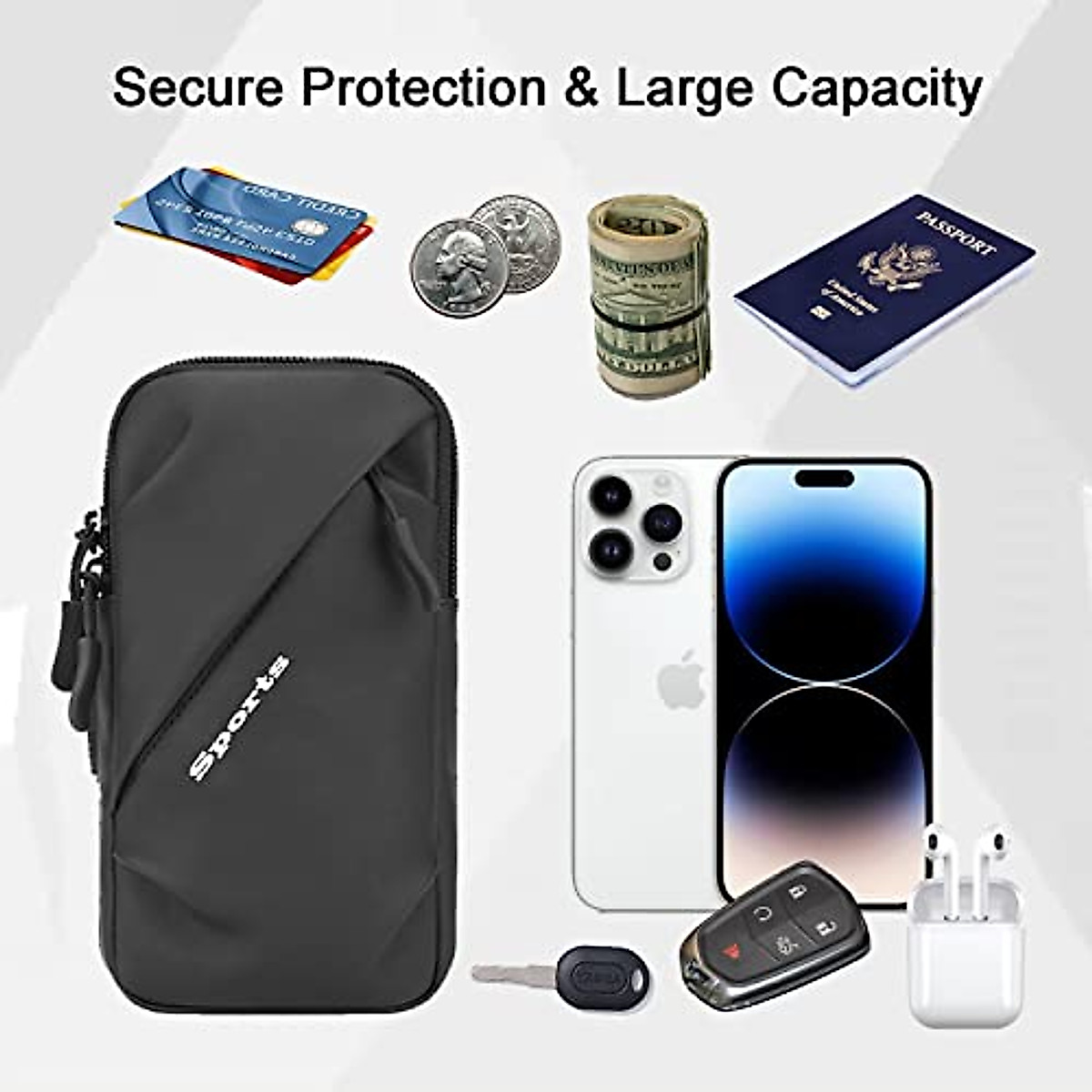 Phone Holder Arm Bands, Small Crossbody Shoulder Holsters Bag with Arm Band, Fits iPhone and All Cell Phones, Use for Running, Walking, Hiking & Biking (Plus Size,Black)