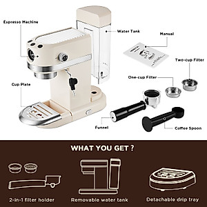 Neretva 20 Bar Espresso Coffee Machine with Steam Wand for Latte Espresso and Cappuccino, Compact Espresso Maker For Home Barista, 1350W Premium Italian High Pressure - Beige