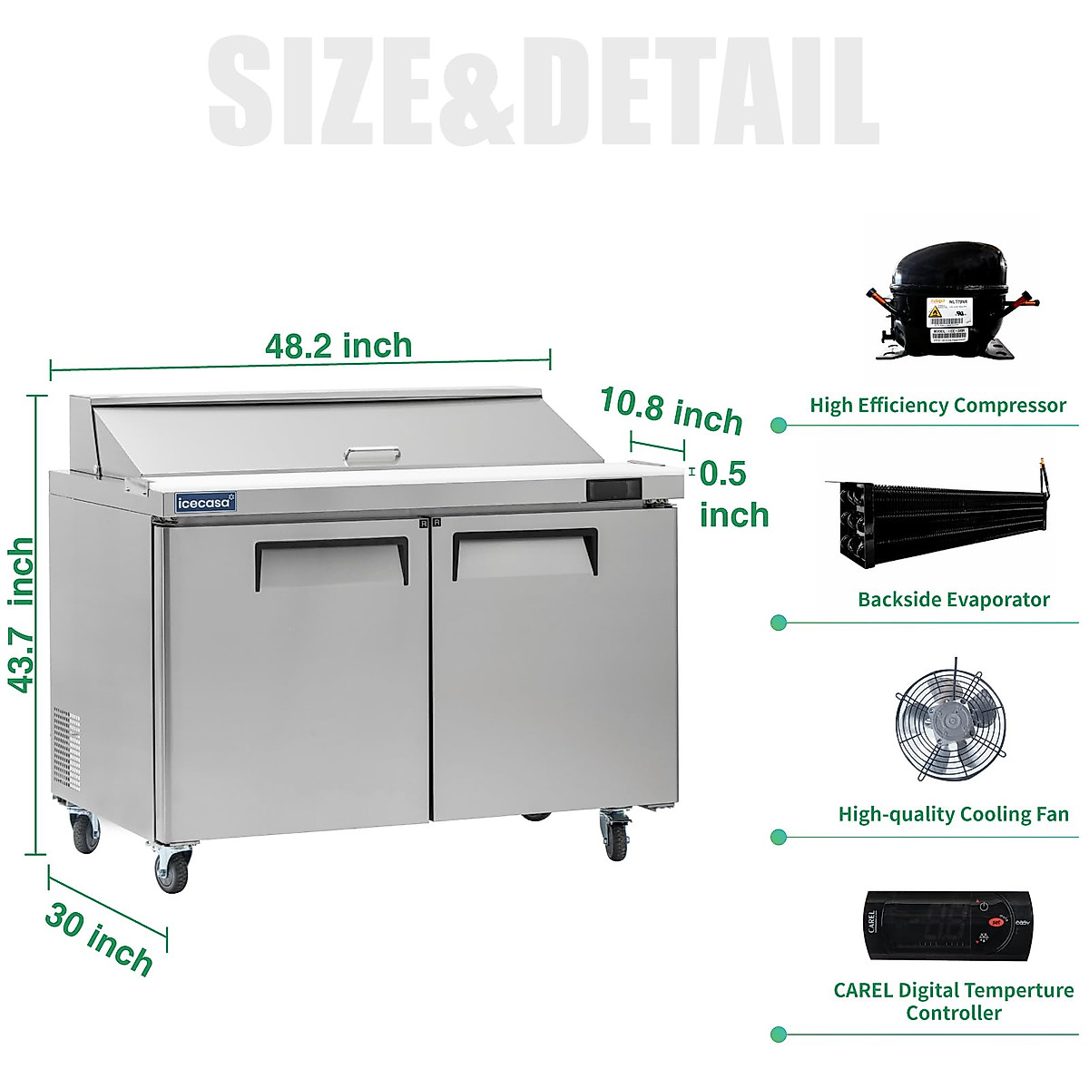 ICECASA 48" W Commercial Refrigerator Sandwich&Salad Prep Table 2 Door Stainless Steel Counter Fan Cooling Refrigerator with 12 pans-48 Inches for Restaurant, Bar, Shop, etc