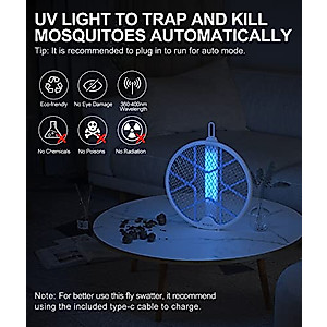 MOSQZAP Electric Fly Swatter, Foldable Bug Zapper Racket, 3,500Volt Mosquito Killer Electronic Fly Zapper w/Purple Light Attractant for Home Indoor Outdoor, Large Size, White