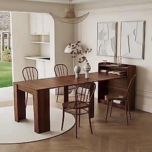 Expandable Dining Table with Storage, Rectangular Wood Dining Table, Modern Extendable Table for Kitchen, Bedroom, Living Room (Walnut)