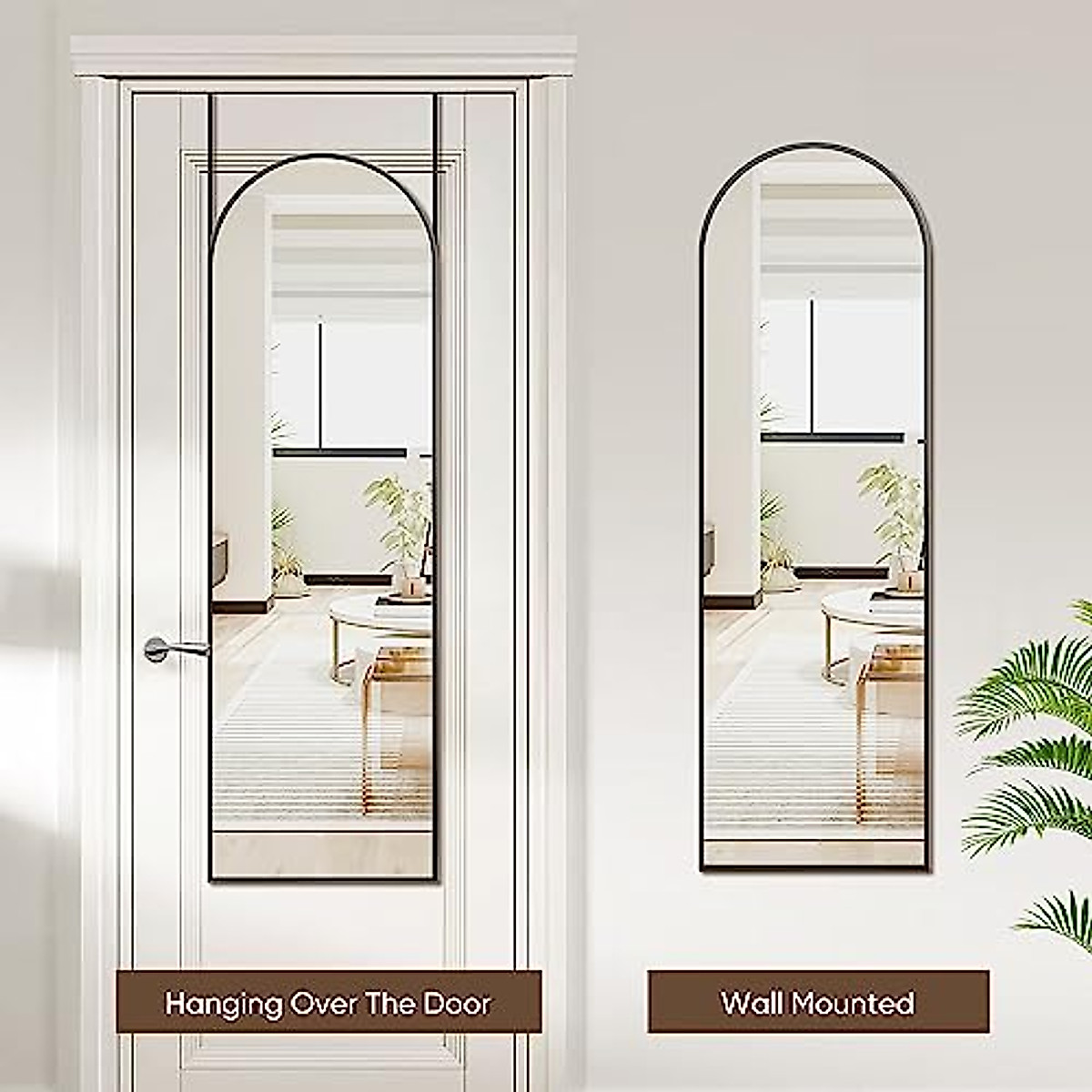 Antok Over The Door Mirror Full Length, 50"x16" Arched Top, Black, Modern Style, Space Theme, Explosion Proof, Tempered Glass, Wall & Door Hanging, Bedroom, Bathroom, Living Room