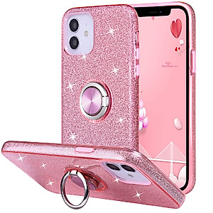Wisdompro Case for iPhone 12 Mini, Cute Glitter Bling Sparkle Protective Case with Ring Kickstand, Women Girls Phone Case for 5.4 Inch Apple iPhone 12 Mini - Pink