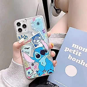 Glitter Liquid Flowing Clear Case for Apple iPhone 11 iPhone11 Blue Stitch Scrump Clear Hard Plastic Water Sequins Floating Sparking Glittery Bling Shiny Cool Cute Girls