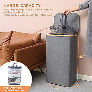 Bienvoun Laundry Basket with lid - 110L Large Waterproof Collapsible Clothes Laundry Hamper with Bamboo Handles for Clothes, Toys in Bedroom, dorm room and laundry room (Gray)