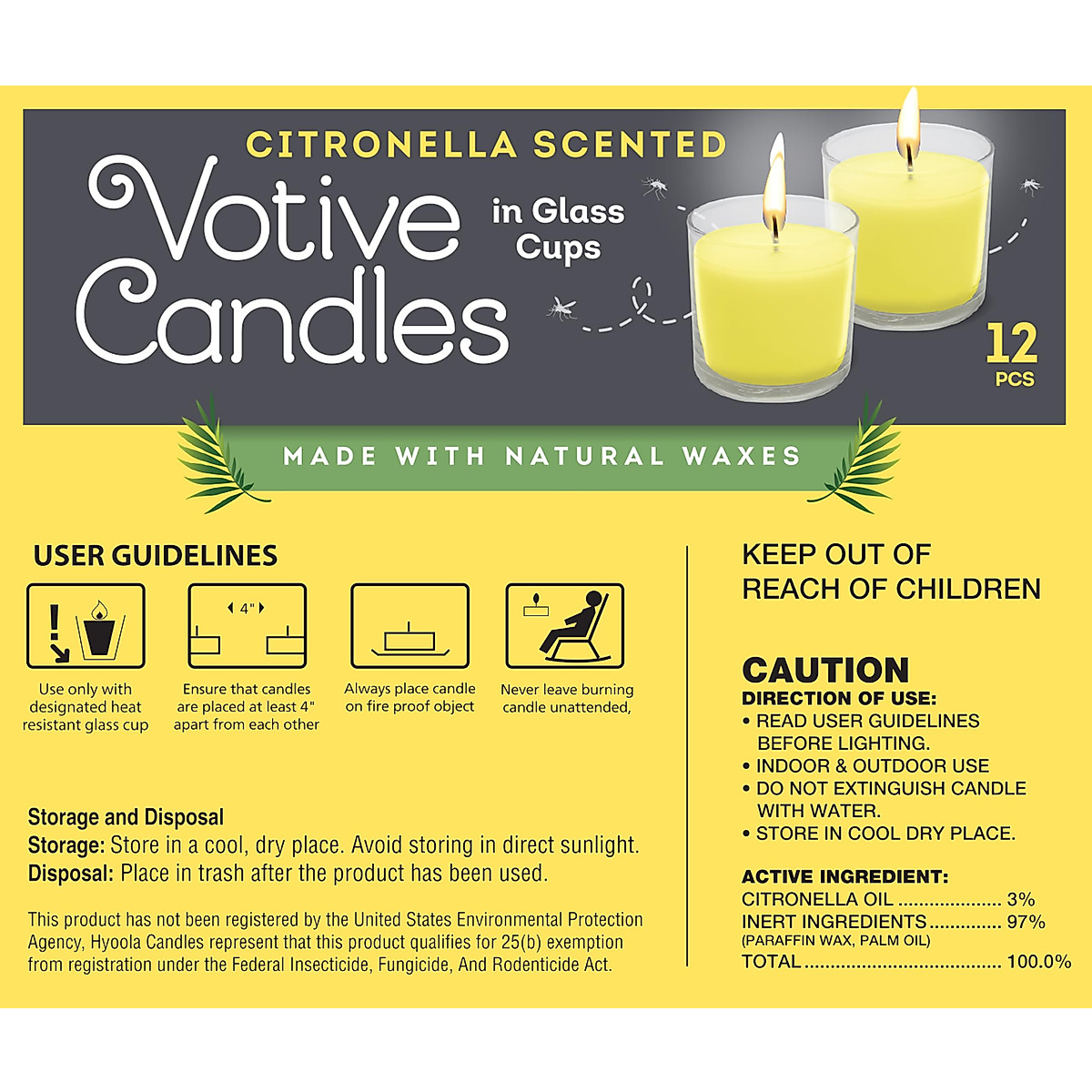 Citronella Candle Votives in Glass Cup - 12 Pack - Indoor and Outdoor Decorative and Mosquito, Insect and Bug Repellent Candle - Natural Fresh Scent - 12 Hour Burn Time - Made in Europe