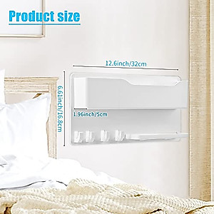 SZWQILIN Bedside Shelf Accessories Organizer - Wall-Mounted Bedside Shelf Multifunctional Self-Adhesive Organizer Box with Hooks Easily Install and Use Suitable for Family, Dorm,Office (White)