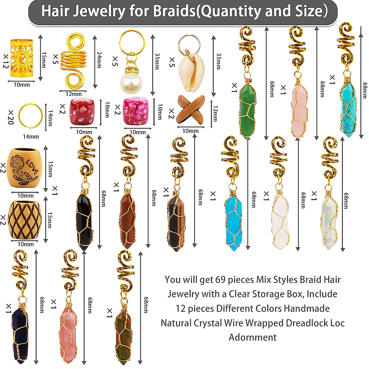 Messen 69 PCS Dreadlocks Jewelry Handemade Crystal Wire Wrapped Braids Hair Accessories Imitation Wood Beads Aluminum Hair Cuffs Coils Hair Rings Pearl Pendants for Hair Decoration (Gold)
