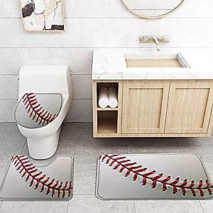 4 Pieces Bathroom Shower Curtain with Mats Set Sports Baseball Texture Closeup Background,Non-slip Bath Rugs Toilet Lid Cover U-shaped Carpet,Red and White Lines Laces Doormats Waterproof Curtains