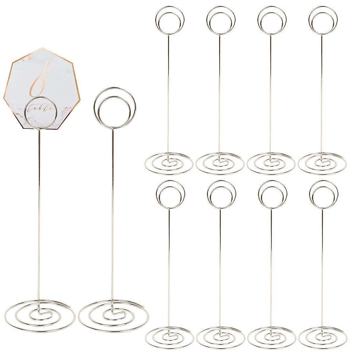 KIMOBER 10PCS 8.75" Tall Table Number Holders, Round Place Card Holder,Tabletop Memo Note Stand Picture Photo Picks Card Clips for Wedding Birthday Party(Silver)