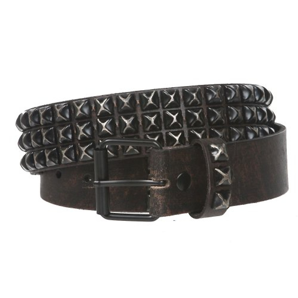 Snap On 1 3/4" Three Row Punk Rock Star Distressed Black Studded Leather Belt, 36"