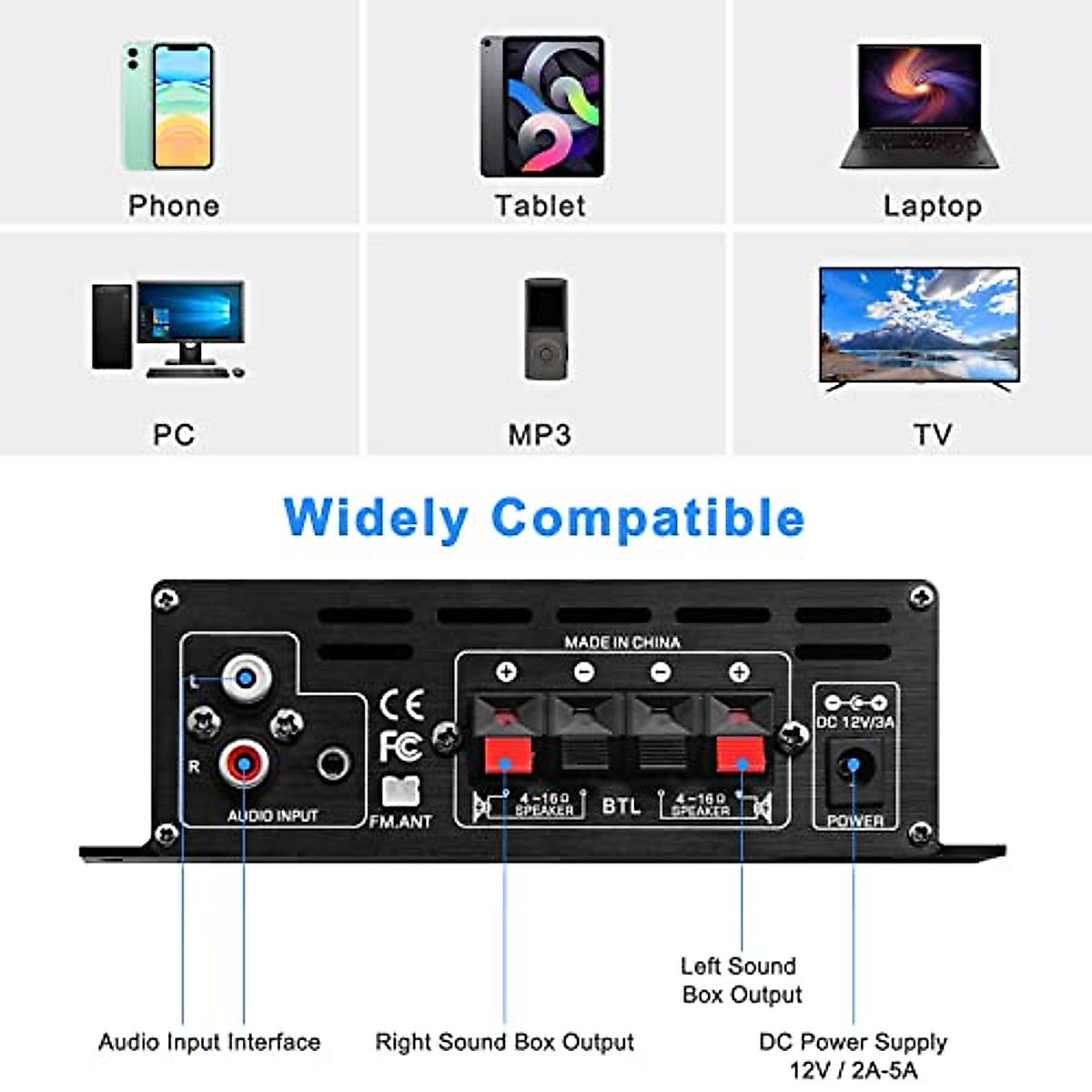 AK-380 USB SD BT.C FM AUX Audio Power Amplifier 400W+400W 2.0 CH HiFi Stereo AMP Speaker Bluetooth 5.0 Amp Receiver with 12V 5A Power Supply,Remote Control,FM Antenna for Car Home Bar Party