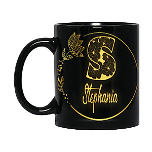 Coffee Mug Personalized Stephania Name & Initial Letter Monogram Floral Alphabet Mug Golden Flowers Custom Black Coffee Cup, Gift for Her Mom Coworker Sister, Wife, Girl 11oz Black Mug 065187
