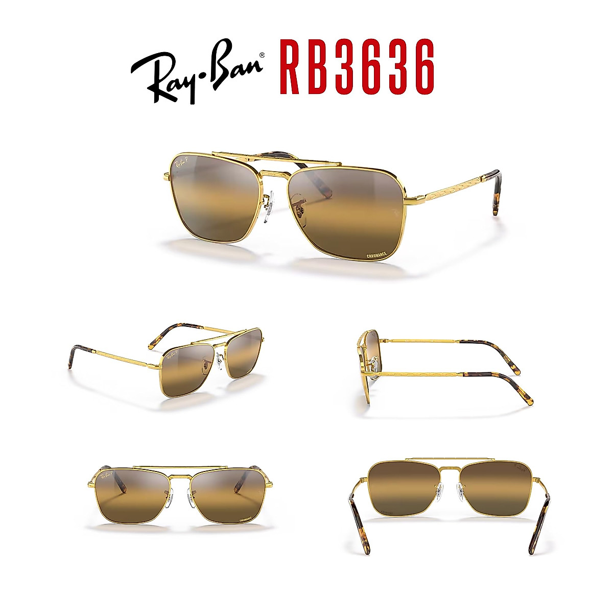 Ray-Ban New Caravan RB3636 9196G5 58MM Legend Gold/Crystal Lens Polarized Clear Gradient Dark Brown Mirror Chromance Square Sunglasses for Men for Women + BUNDLE With Designer iWear Eyewear Kit