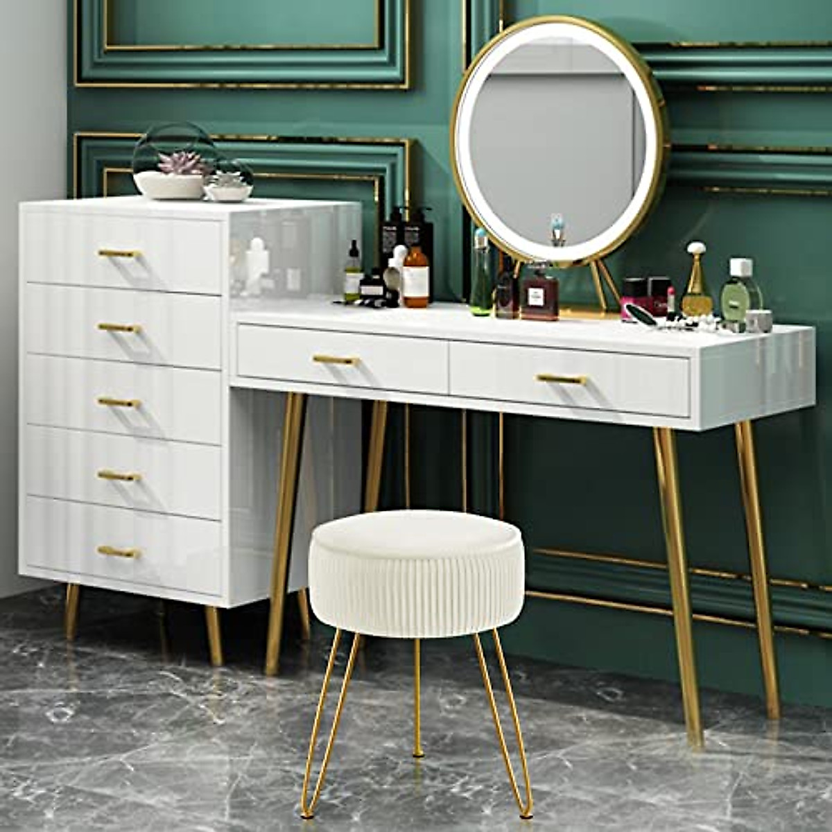 GERANT Multifunctional Vanity Stool,Modern Vanity Stools for Makeup Room,Velvet Round Ottoman Footrest Stool with Metal Legs, Upholstered Pleated Vanity Chair Stool for Living Room,Office(Beige)