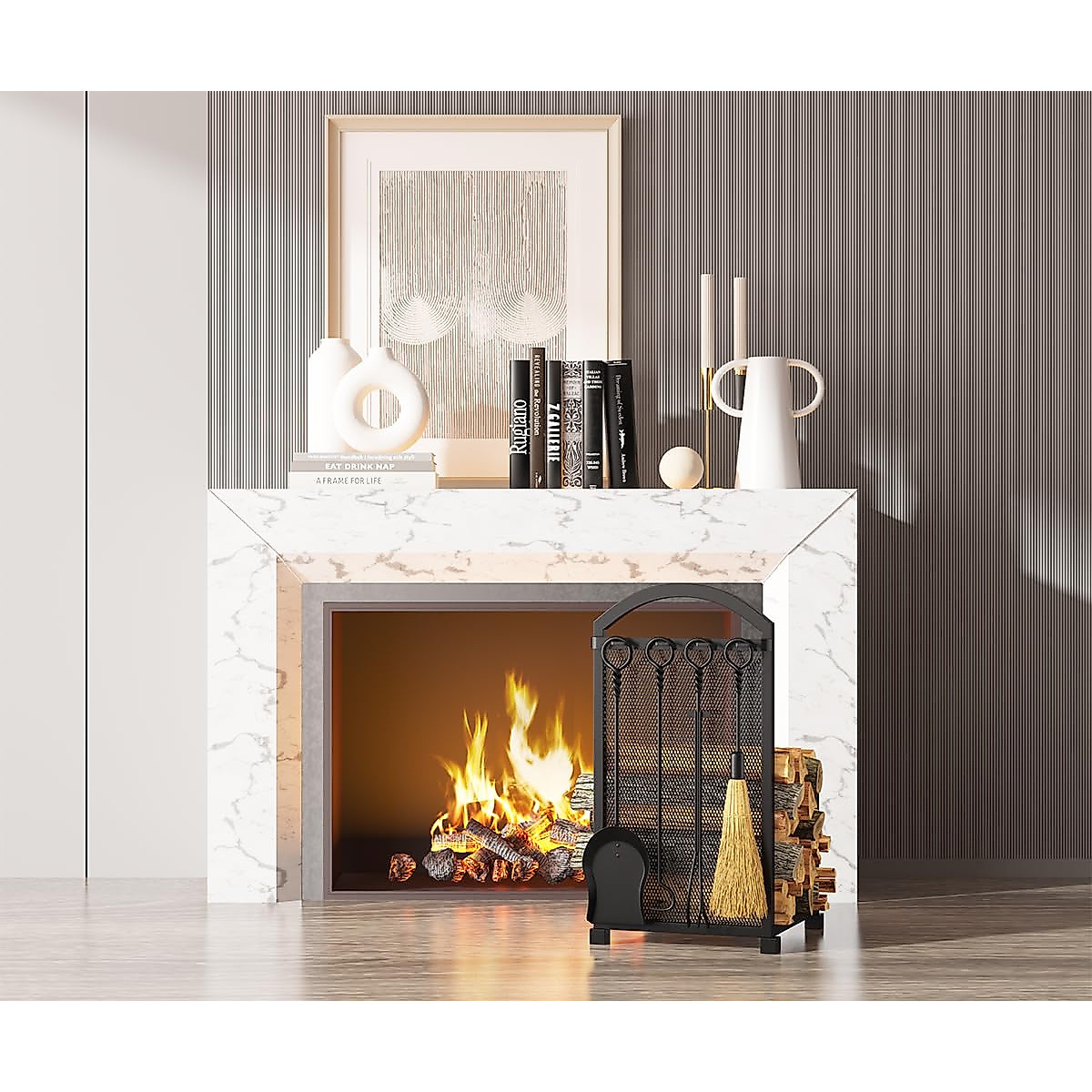 Lizh Metalwork Fireplace Log holder with Fireplace Tools, Wrought Iron Indoor Stove Accessories Firewood Rack Holder Lumber Storage Stacking Log Holder Log Bin with Tongs Shovel Poker and Brush