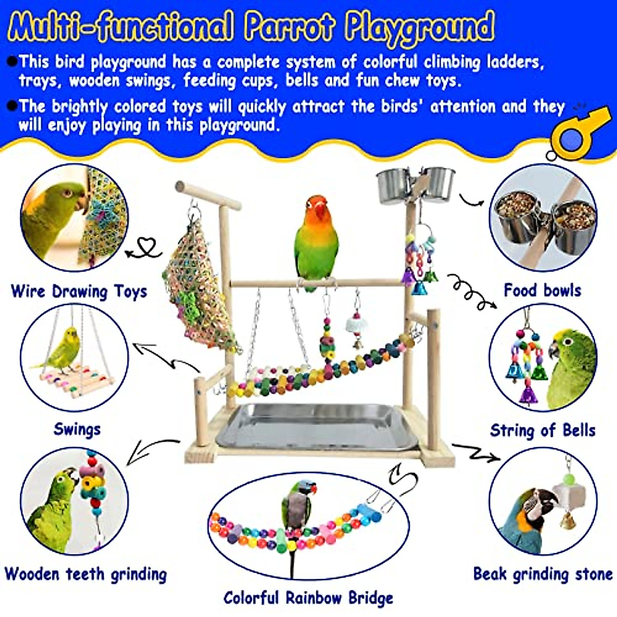 kathson Parrots Playground Bird Perch Gym Playpen Birds Chewing Toys Bridges with Swings Food Bowl for Parakeets African Grey Conures Cockatiel Cockatoos Parrotlets