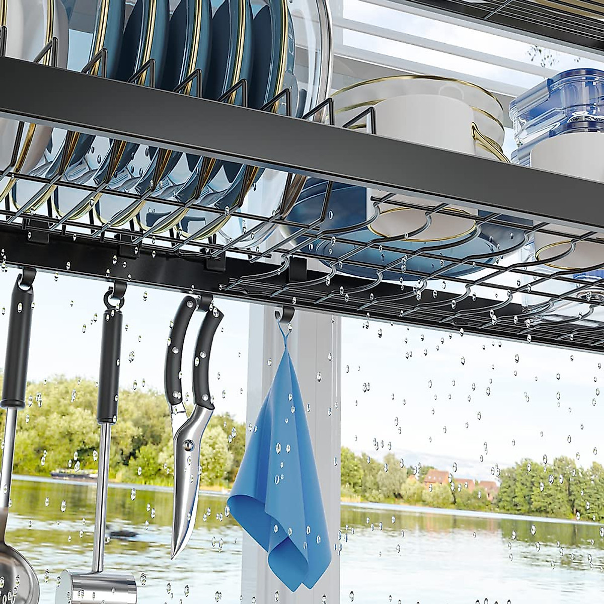 NETEL Over The Sink Dish Drying Rack, 3-Tier（25.6"） , Stainless Steel Dish Drainer with Cutting Board Holder, Large Dish Rack for Kitchen Counter Organizer Space Saver (Sink Size≤24inch, Black)