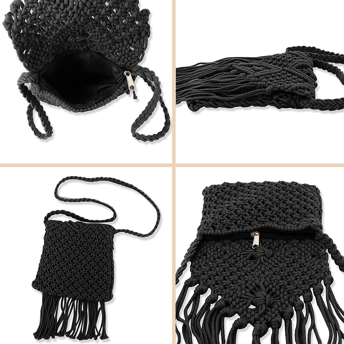 QTKJ Women's Crochet Square Crossbody Bag Hand-Woven Boho Tassels Summer Beach Cotton Messenger Shoulder Bag with Zipper (Black)