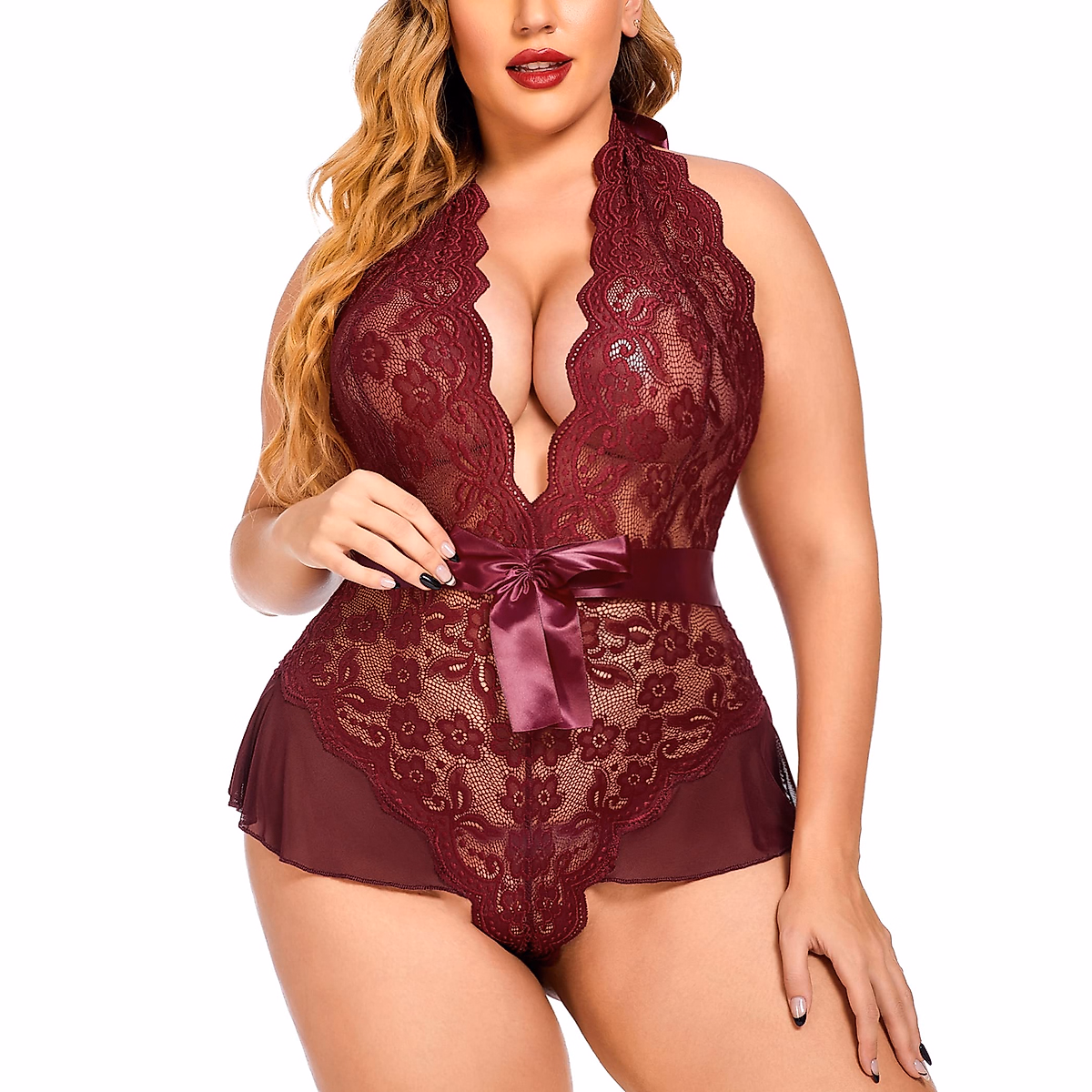 Avidlove Women's Plus Size Lace Babydoll Bodysuit One Piece Lingerie Sexy Halter Teddy Dark Red 18 Plus