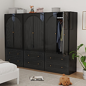 Buenhomino 71" Wardrobe Closet with 2 Door & 2 Drawer, Bedroom Wooden Armoire with Hanging Rod Shelf, Freestanding Large Capacity Clothing Wardrobe Cabinet w/Gold Handles for Bedroom - Black