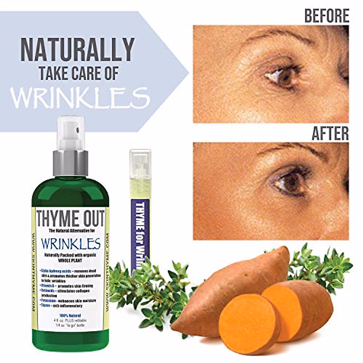 Thyme Out All Natural Anti-Wrinkle Face Mist Spray with Thyme, Bakuchiol, AHA, Beta Carotene and Potassium - Fights Wrinkles, Fine Lines, Inflammation, and Dryness While Boosting Collagen (4 oz)