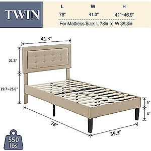 VECELO Twin Size Upholstered Bed Frame with Height Adjustable Fabric Headboard, Heavy-Duty Platform Bedframe/Mattress Foundation/Strong Wood Slat Support/No Box Spring Needed, Beige