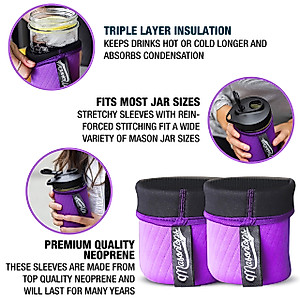 Masontops Wide Mouth Mason Jar Neoprene Sleeves - Gray - Triple Insulated Cozy - 2 Sleeves Cover 16-24 oz & Quart Sizes