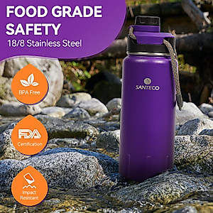 SANTECO Insulated Water Bottles 24 oz, Stainless Steel Thermos with Lanyard & Wide Mouth Spout Lid, Leak Proof, Double Wall Vacuum Water Bottle, Keep Drinks Hot & Cold for Hiking Camping - Purple