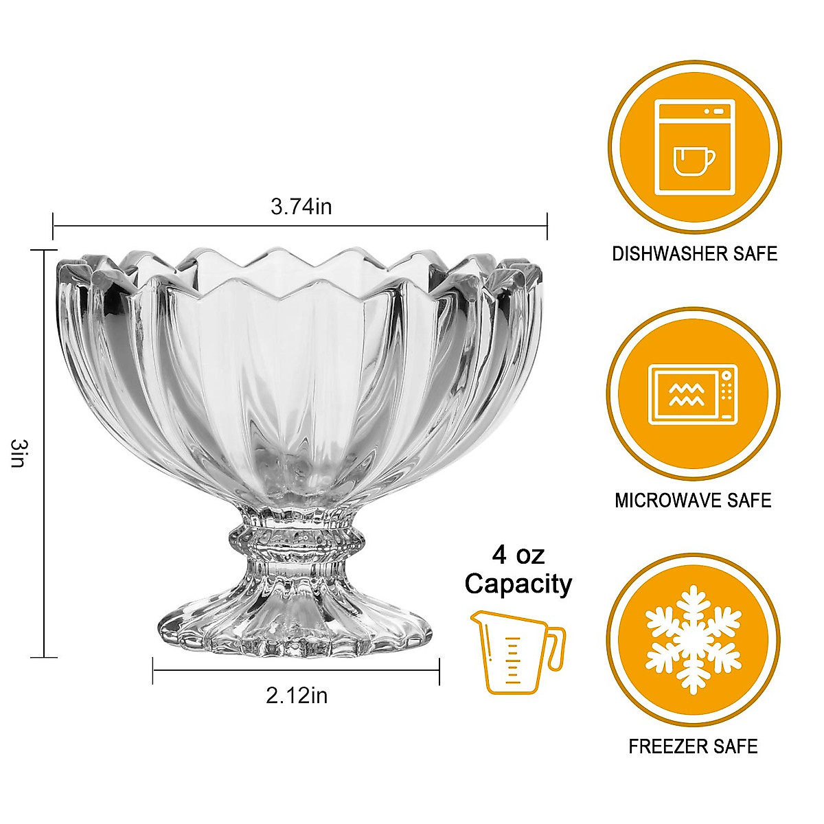 Maredash Glass Dessert Bowls/Cups Small Cute Footed Tulip Clear Dessert Cups Perfect for Dessert, Sundae, Ice Cream, Fruit, Salad, Snack, Cocktail, Condiment, Trifle and Birthday Party(Set of 6)