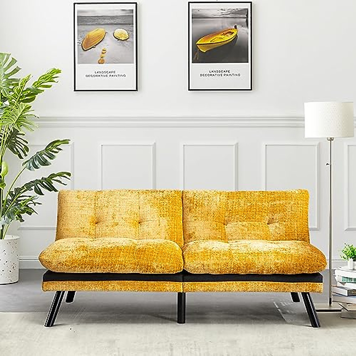 Convertible Comfy Futon Sofa Bed, 72" L Sleeper Couch with Thicker Cushion, Upholstered Modern Reclining Loveseat Folding Sofa for Small Living Room, Dorm, Apartment, Office, Yellow