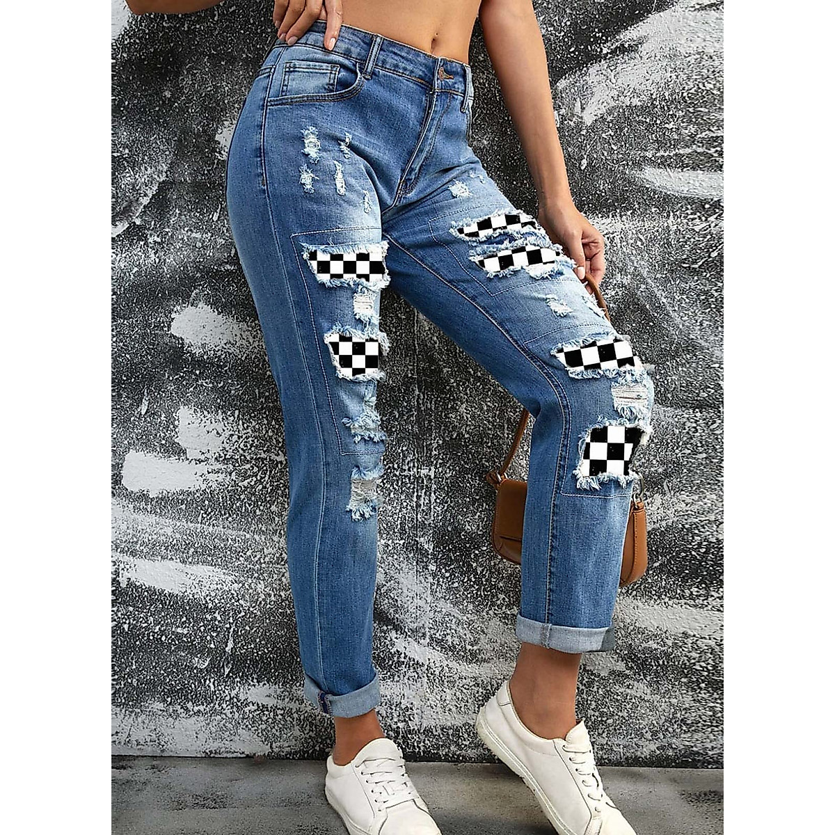 EVALESS Ripped Jeans for Women Boyfriend Distressed Patchwork Print Democracy Mom Jeans 2023 Fashion Wide Leg Losse Baggy Racing Denim Pants with Hole Blue Medium