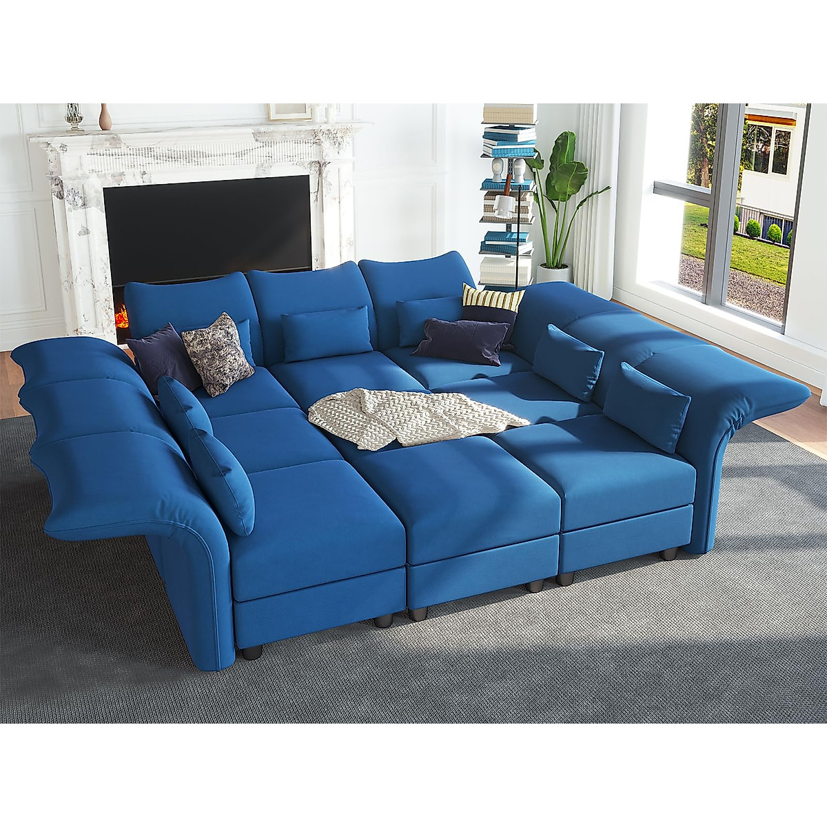 LLappuil Oversized Sleeper Sectional Sofa Couch, 102.2" 9-Seater Bed Shaped Modular Sectional Sofa with Storage Chaise, High Back Recliner Velvet Couches, Anti-Scratch Blue