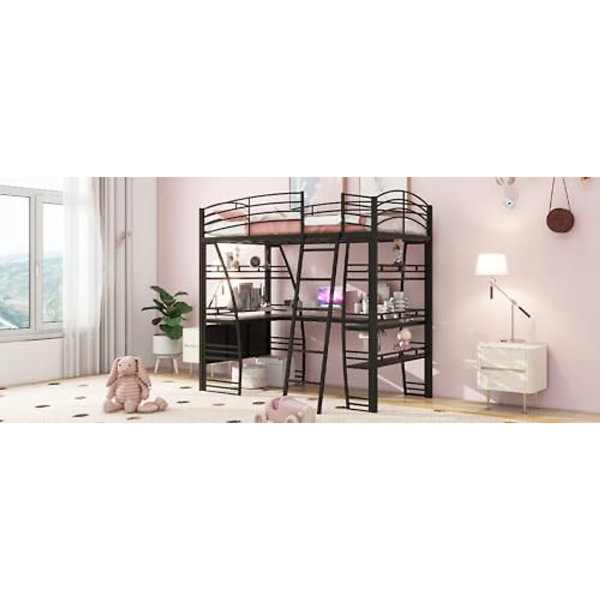 ALYSAHOME Twin Size Loft Bed with 4 Layers of Shelves and L-Shaped Desk, Stylish Metal Frame Bed with a Set of Sockets, USB Ports and Wireless Charging, Black