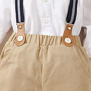 PURSKYY Baby Boy Dress Clothes 3-6 Months, Newborn Gentleman Outfit, Long Sleeves Shirt+ Bowtie+ Khaki Suspenders Pants, Fall Winter Infant Wedding Suit Set