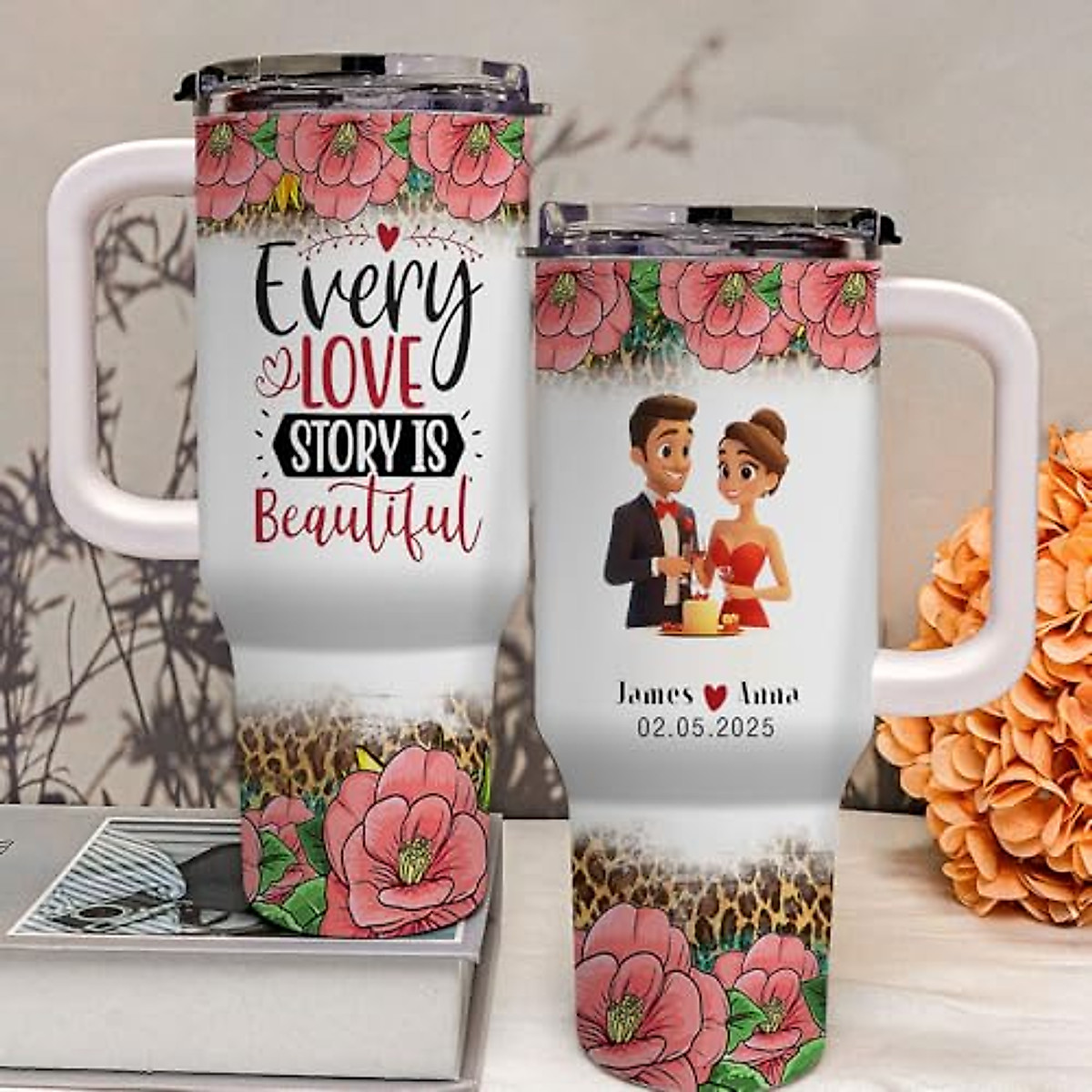 Personalized 40oz Tumbler with Handle – Valentine's card exchange-Custom Couple Gift for Anniversary Wedding Gift, Birthday, Mother's Day, Valentine’s Day DsqTNl