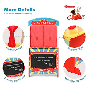 Rundad Wooden Puppet Theater Bonus 2 Hand Puppet, Double-Sided Lemonade Stand & Puppet Show Theater for Kids, Wood Deluxe Children Puppet Theatre Toy with Chalkboard