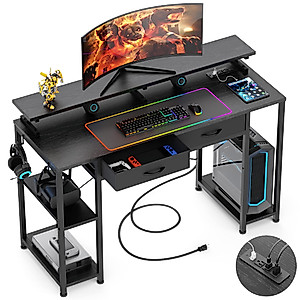 GIKPAL Computer Desk with Drawers, 47 inch Gaming Desk with Storage and Shelves, Home Office Desks with Power Strip, Black Wooden Desk