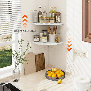 Homode Corner Shelf Wall Mount, Set of 2 Corner Floating Shelves with Cord Hole for Speaker, Cable Box, 2 Tier Wood Hanging Storage Shelf for Bathroom Living Room Bedroom, White