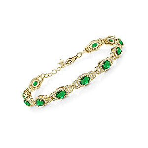 Gem Stone King 18K Yellow Gold Plated Silver Green Simulated Emerald Tennis Bracelet For Women (8.00 Cttw, Oval 6X4MM, 7 Inch With 1 Inch Extender)