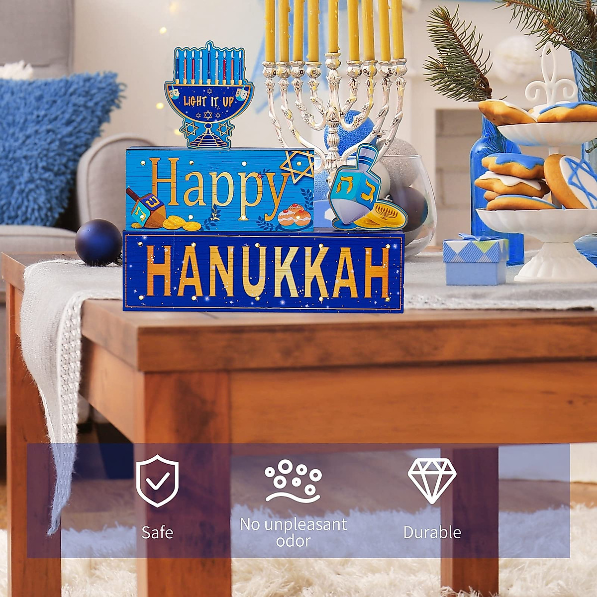 ANVAVO 5 Pieces Hanukkah Wooden Signs Happy HANUKKAH LIGHT IT UP Wooden Blocks Signs with LED Lights for Hanukkah Living Room Bedroom Tabletop Decorations