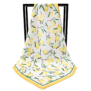 NaSoPerfect Silk Like Scarf Square Handkerchief Lemon Pattern Satin Ribbon Neck Scarfs for Women Yellow 21" x 21"