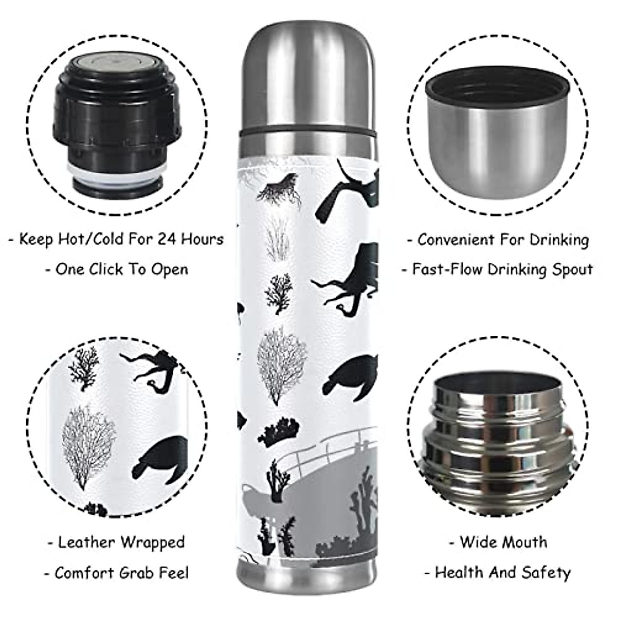 Silhouettes of Sea Fish and Animals Stainless Steel Coffee Thermos, Double Walled Insulated Water Bottle for Outdoor Sports, Office, Car (17 OZ/500ML)