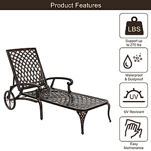 VINGLI Outdoor Chaise Lounge Chair with Wheels, Cast Aluminum Patio Chaise Lounge Furniture with 3-Position Adjustable Backrest, Tanning Chair for Poolside (1, Bronze, Without Cushion)