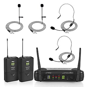 Pyle 2 Channel Wireless Microphone System - Portable UHF Digital Audio Mic Set with 2 Headset, 2 Lavalier lapel, 2 Transmitter, ¼’’ cable, power adapter - For Karaoke, PA, DJ, - PDWM3400,Black